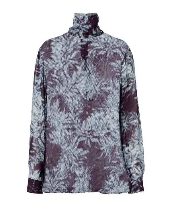 Dries Van Noten Printed Sheer Chiffon Turtleneck Top - Gray