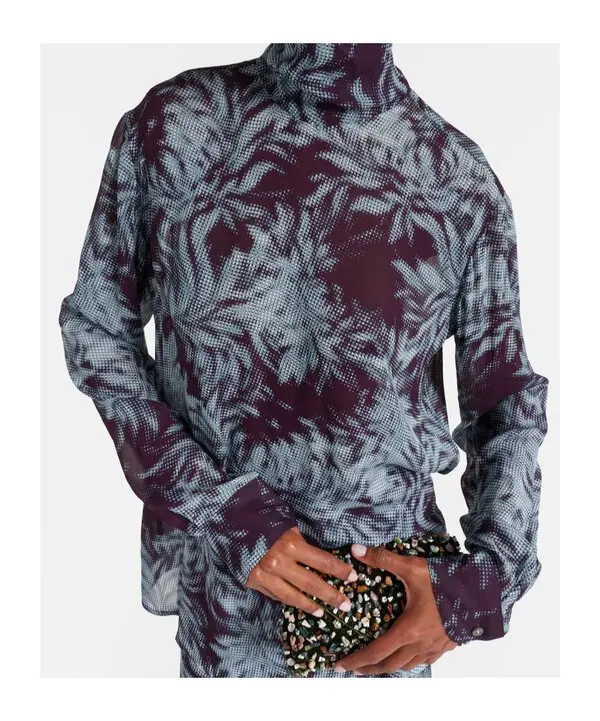 Dries Van Noten Printed Sheer Chiffon Turtleneck Top