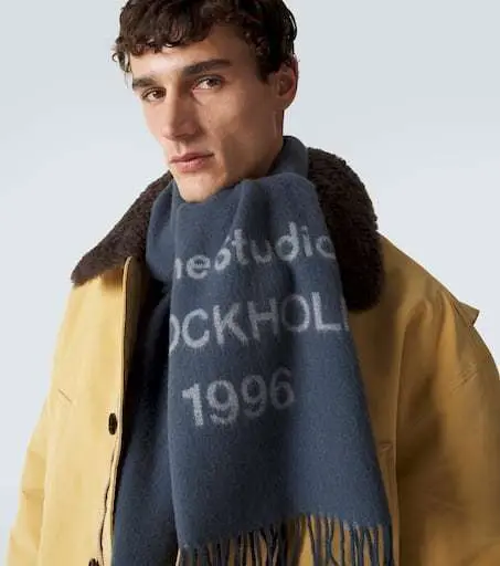 Acne Studios Fringed Logo Wool Scarf