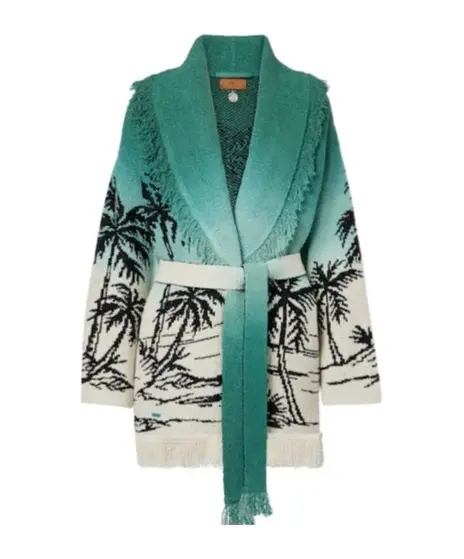 Alanui Wave Bloom Fringed Cotton-blend Jacquard Cardigan - Green