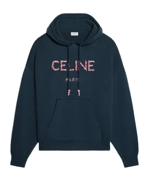 Celine Ribbed Cotton Hooded Sweater With Embroidered Logo - Navy