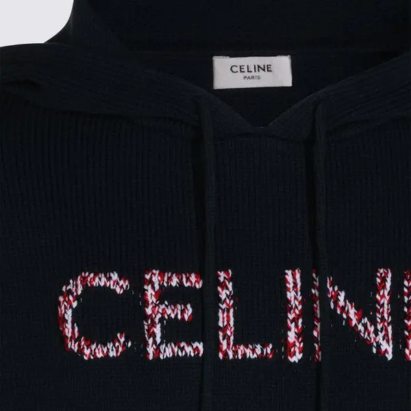Celine Ribbed Cotton Hooded Sweater With Embroidered Logo - Navy