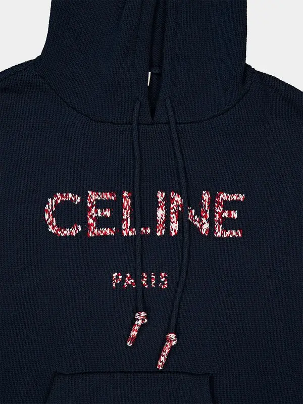 Celine Ribbed Cotton Hooded Sweater With Embroidered Logo - Navy