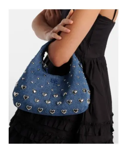 GANNI Mini Studded Denim Top-handle Bag With Heart Details