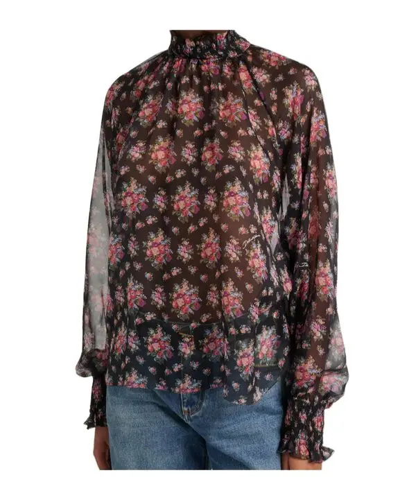 Dolce & Gabbana Floral Ruffled Sheer Silk Blouse - Black