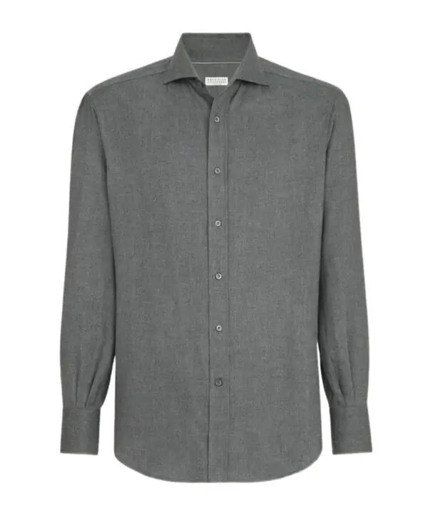 Brunello Cucinelli Stretch Cotton Chevron Flannel Shirt With Spread Collar - Dark Gray