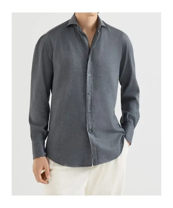 Brunello Cucinelli Stretch Cotton Chevron Flannel Shirt With Spread Collar