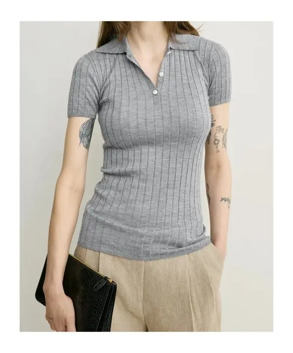 TOTEME Button Detailed Ribbed-knit Polo Shirt - Grey