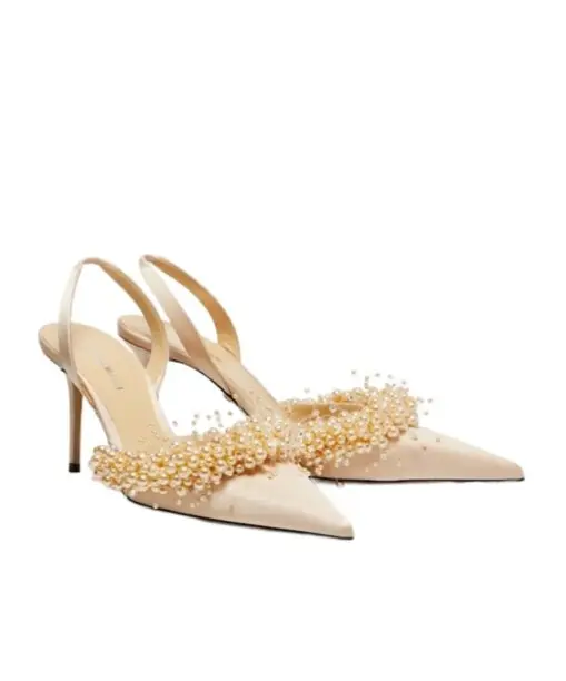 MACHMACH Floating Pearls 85 Satin Slingback Pumps - Nude