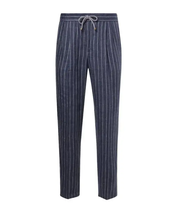 Brunello Cucinelli Striped Linen Straight Pants - Blue