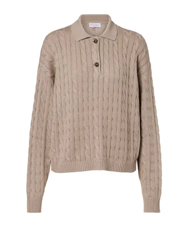 Brunello Cucinelli Cable-knit Cotton-blend Polo Sweater - Beige