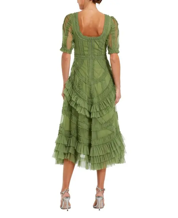Mac Duggal Petite Short Sleeve Mesh Ruffle Midi Dress