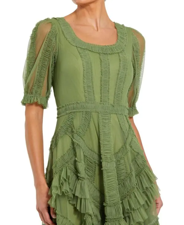 Mac Duggal Petite Short Sleeve Mesh Ruffle Midi Dress