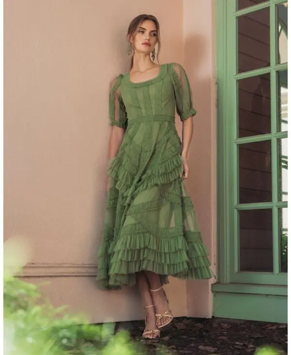 Mac Duggal Petite Short Sleeve Mesh Ruffle Midi Dress