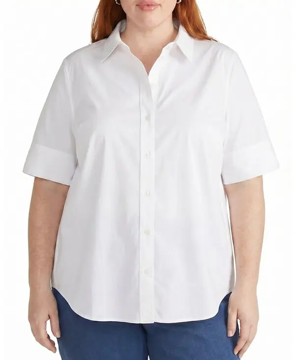 Universal Standard Plus Elbe Stretch Poplin Short Sleeve Shirt - White