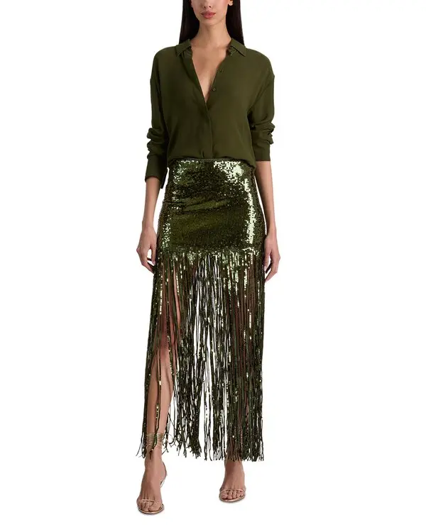 Alice + Olivia Kendra Sequinned Fringe Maxi Skirt - Dark Fern