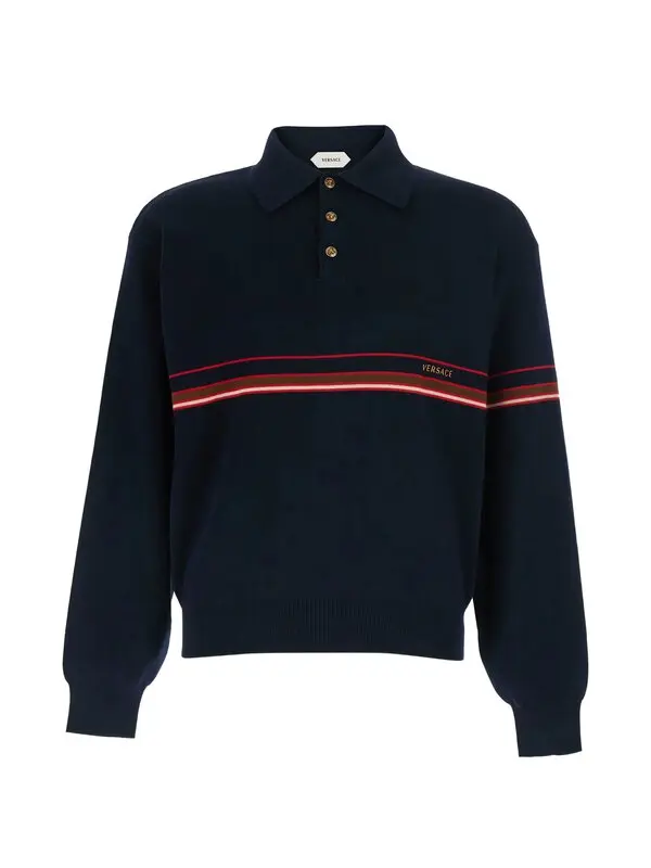 Versace Medusa Button Cotton Shirt With Embroidered Logo, Long Sleeves, Three-button Closure, Ribbed Trims - Blu