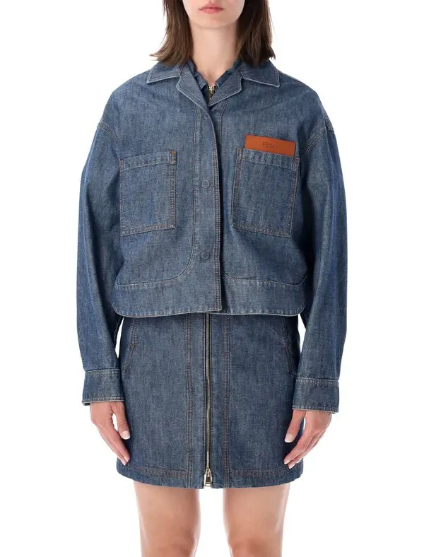 Fendi Cotton Utility Jacket With Logo Patch - Blu