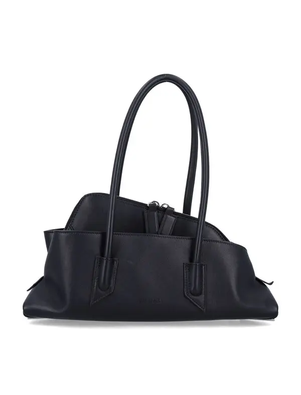 Attico Asymmetric Architectural Leather Tote Handbag With Tubular Handles, Central Zip, And Protective Feet - Nero