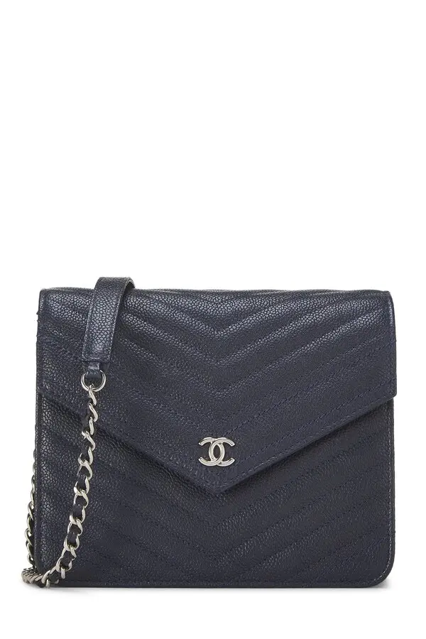 Chanel Caviar Chevron Envelope Wallet On Chain - Navy