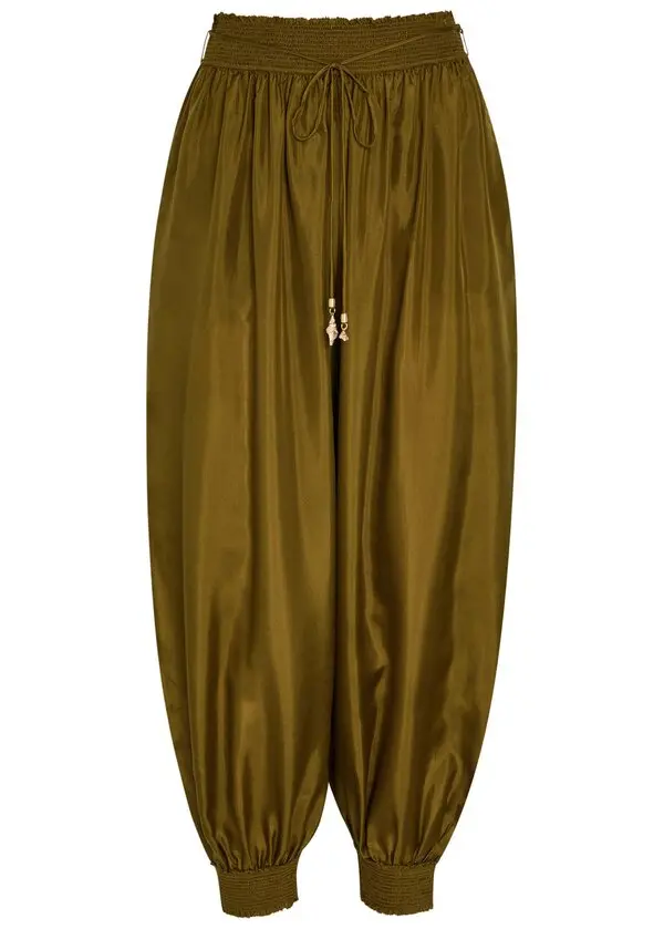Zimmermann Mohon Cuffed Silk Trousers - Olive