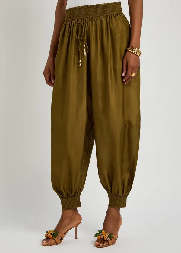 Zimmermann Mohon Cuffed Silk Trousers - Olive