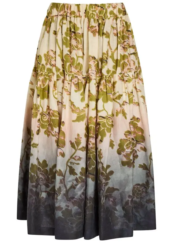 La DoubleJ Gala Floral-print Linen Midi Skirt