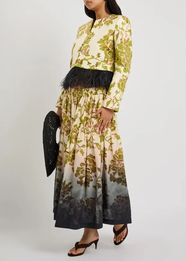La DoubleJ Gala Floral-print Linen Midi Skirt