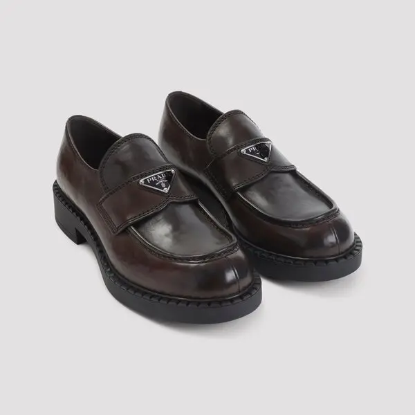 Prada Brushed Leather Loafers With Enamelled Triangle Logo
