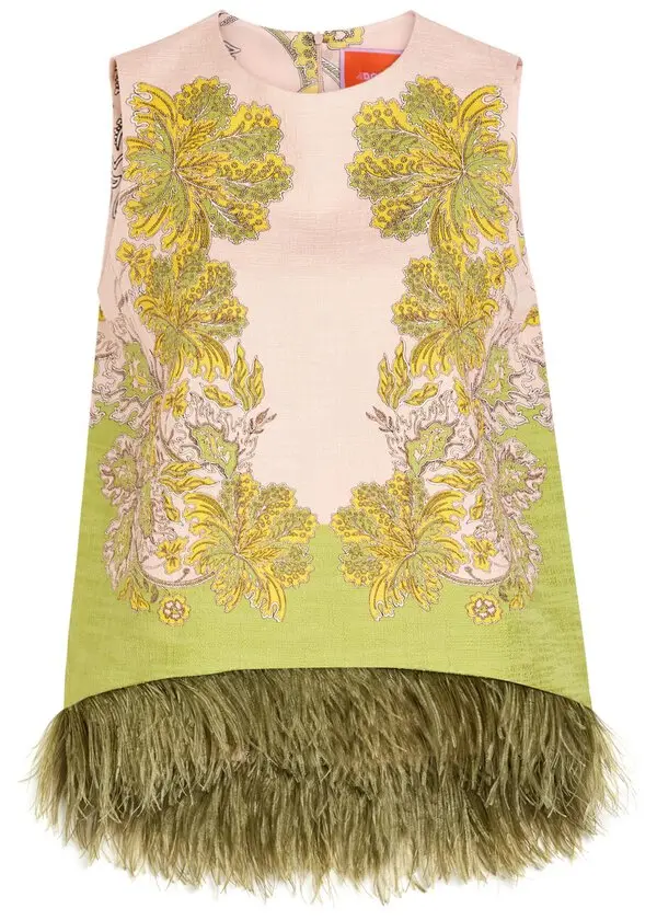 La DoubleJ La Scala Feather-trim Woven Top