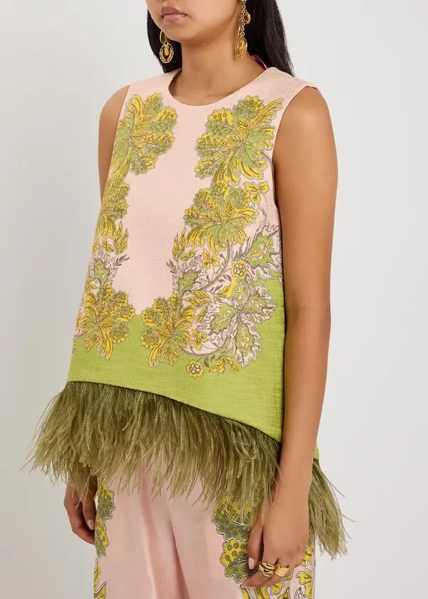 La DoubleJ La Scala Feather-trim Woven Top