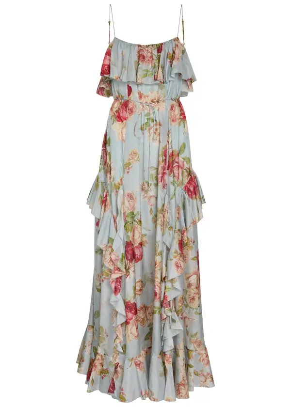 Zimmermann Roselight Floral-print Ruffled Silk Maxi Dress