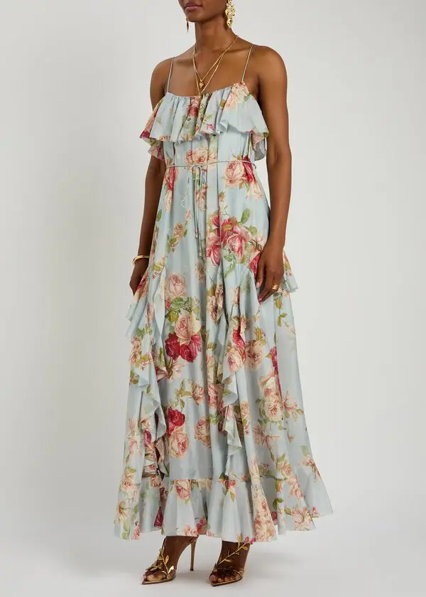 Zimmermann Roselight Floral-print Ruffled Silk Maxi Dress
