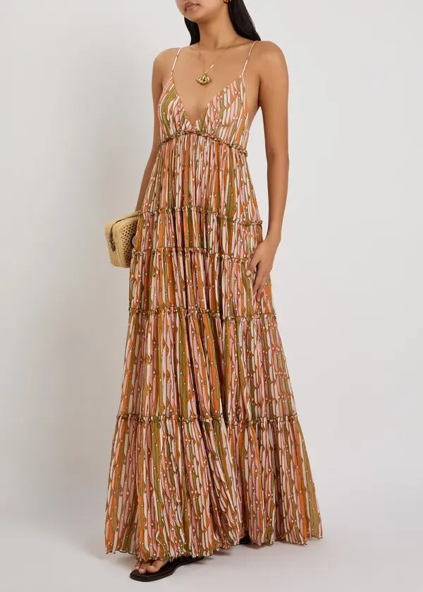 La DoubleJ Nymph Printed Tiered Stretch-tulle Maxi Dress