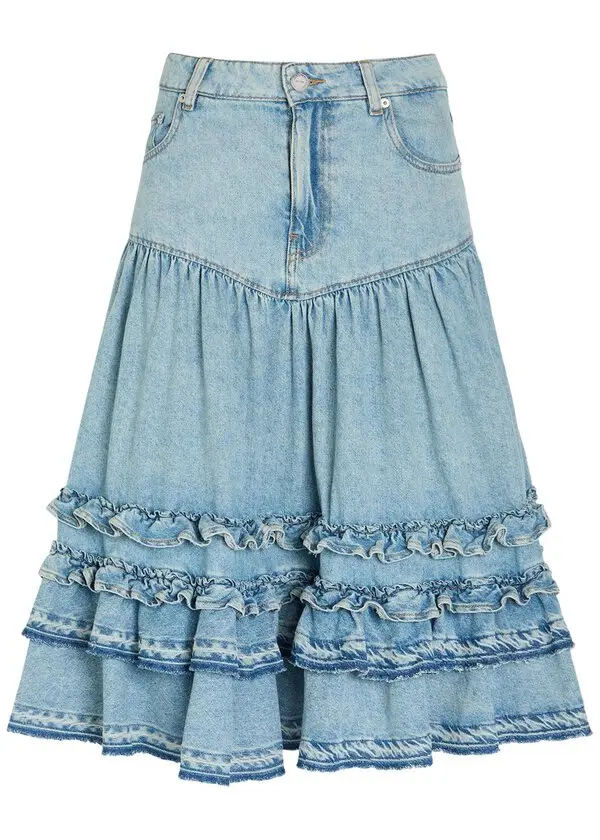 GANNI Frill Tiered Denim Midi Skirt