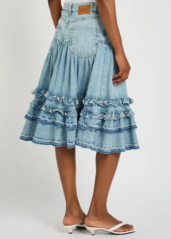 GANNI Frill Tiered Denim Midi Skirt