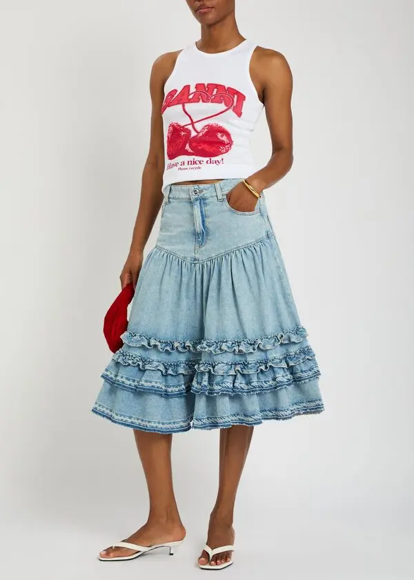 GANNI Frill Tiered Denim Midi Skirt