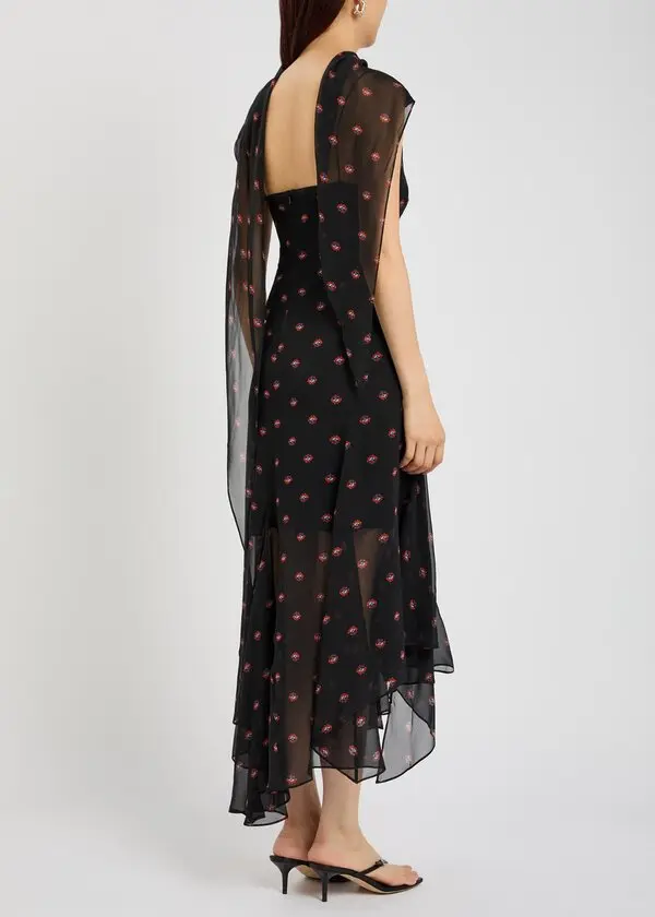 LIBEROWE Aubrey Floral-print Asymmetrical Silk Midi Dress - Black