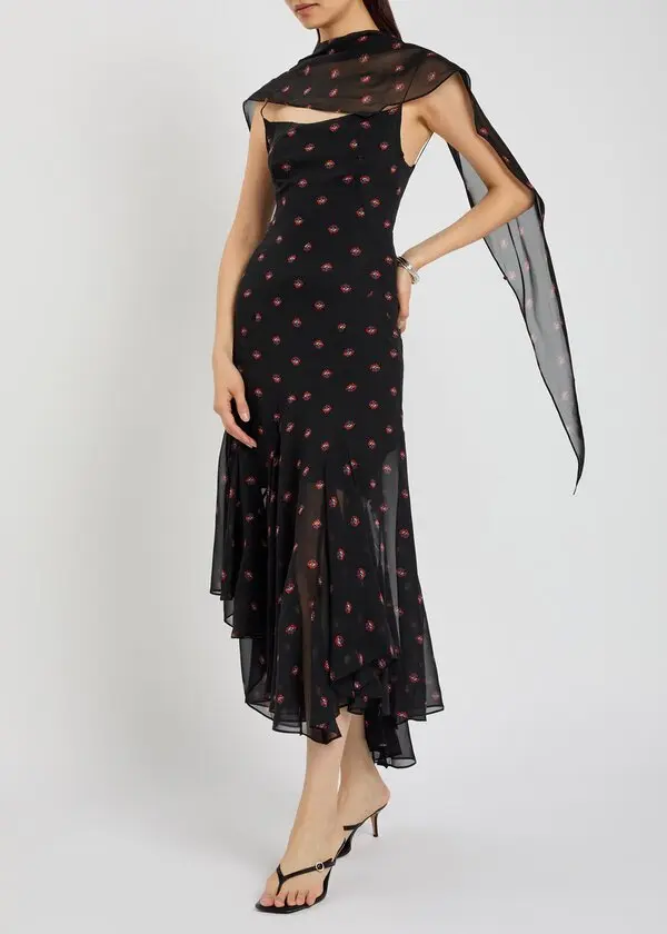LIBEROWE Aubrey Floral-print Asymmetrical Silk Midi Dress - Black