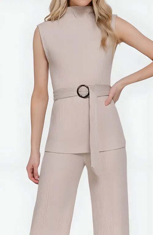 MODENAIRE Sleeveless Ribbed Knit Belted Top And Wide-leg Pants Set