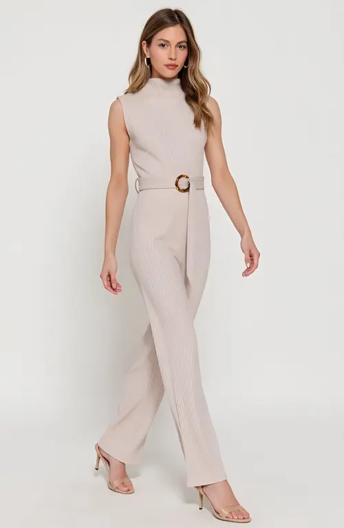 MODENAIRE Sleeveless Ribbed Knit Belted Top And Wide-leg Pants Set