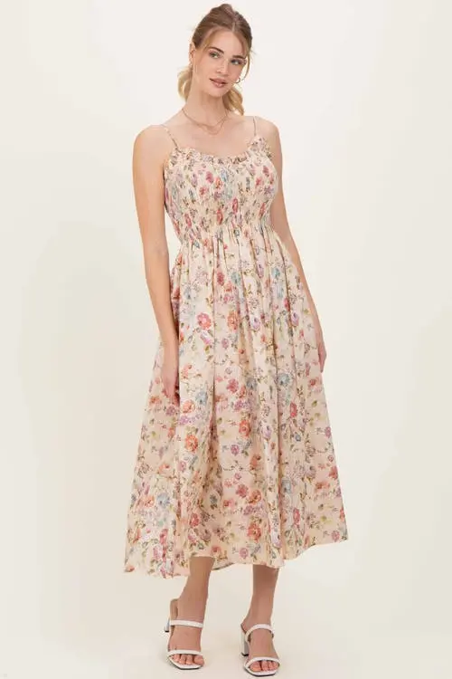 PINKBLUSH Floral Smocked Ruffle Detail Midi Dress - Cream