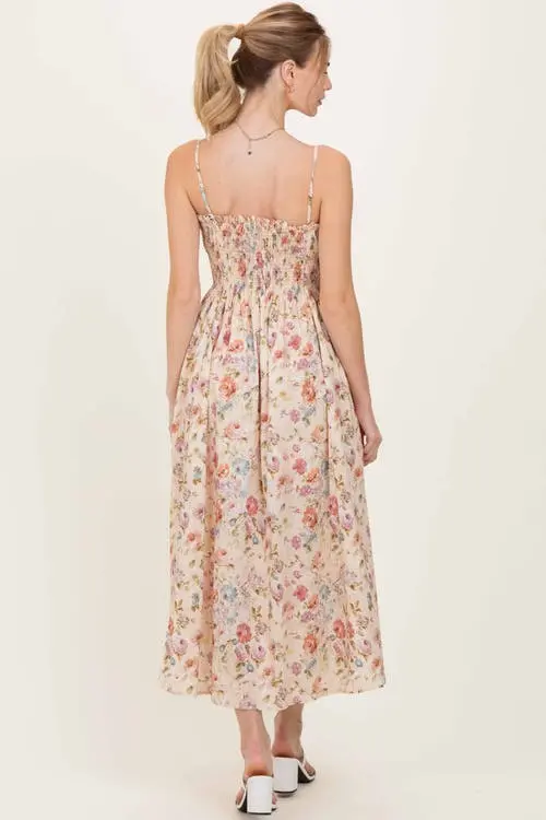 PINKBLUSH Floral Smocked Ruffle Detail Midi Dress