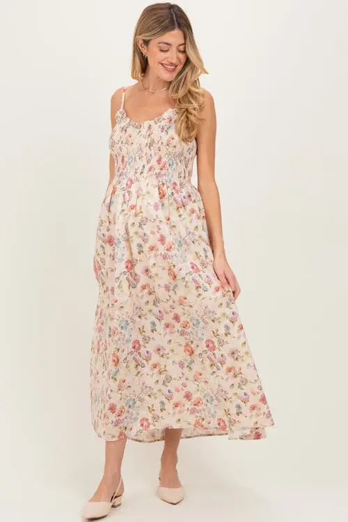 PINKBLUSH Floral Smocked Ruffle Detail Midi Dress