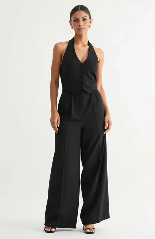 MODENAIRE Button-detail Halter Vest And Wide-leg Pocket Pants Set