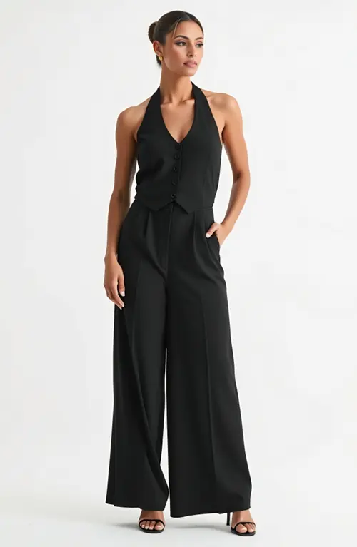 MODENAIRE Button-detail Halter Vest And Wide-leg Pocket Pants Set