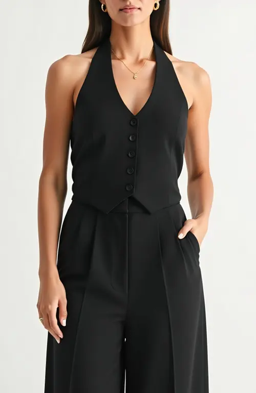 MODENAIRE Button-detail Halter Vest And Wide-leg Pocket Pants Set