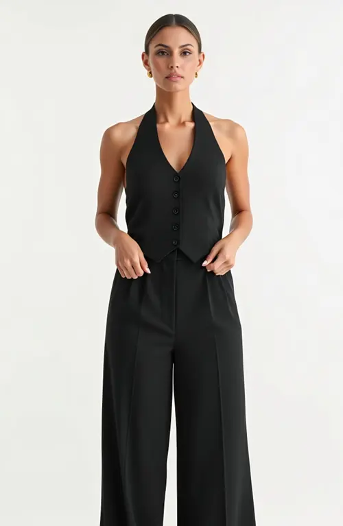 MODENAIRE Button-detail Halter Vest And Wide-leg Pocket Pants Set