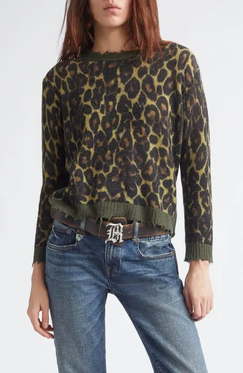 R13 Distressed Leopard Print Cashmere Crewneck Sweater - Brown Leopard