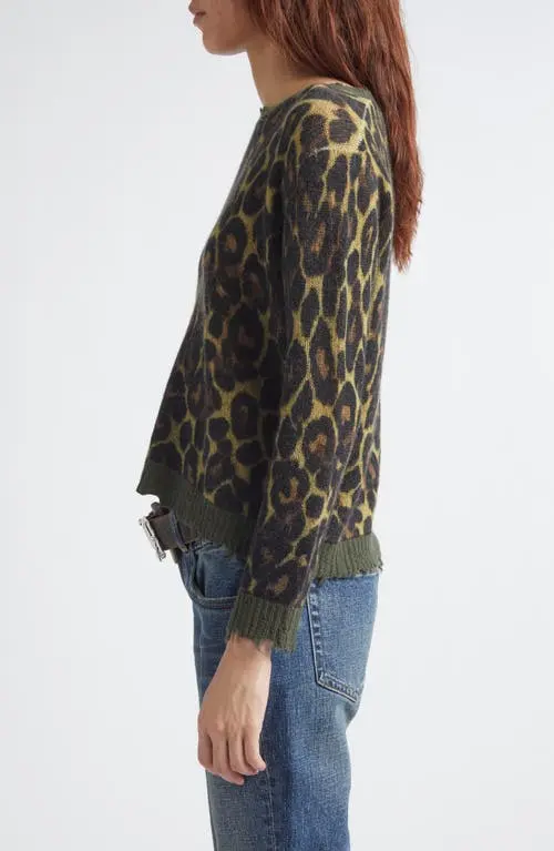 R13 Distressed Leopard Print Cashmere Crewneck Sweater